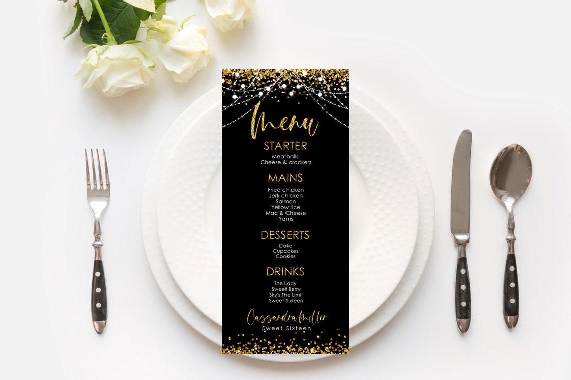 Editable Gold Black Menu Card Black and Gold Menu Birthday Party Food ...