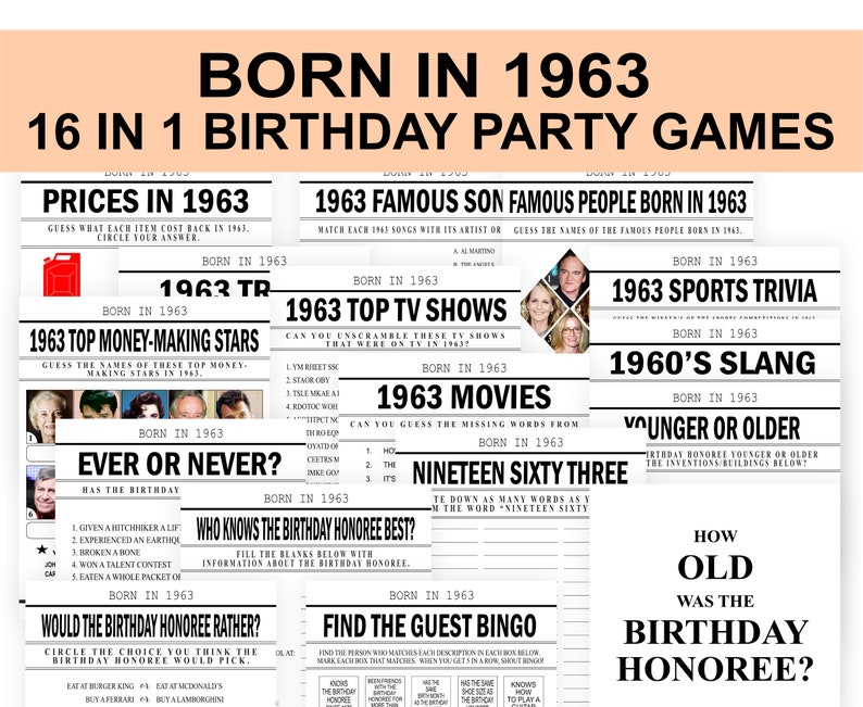63rd Birthday Game Bundle, Born in 1963 Trivia, Fun Birthday Party Game ...