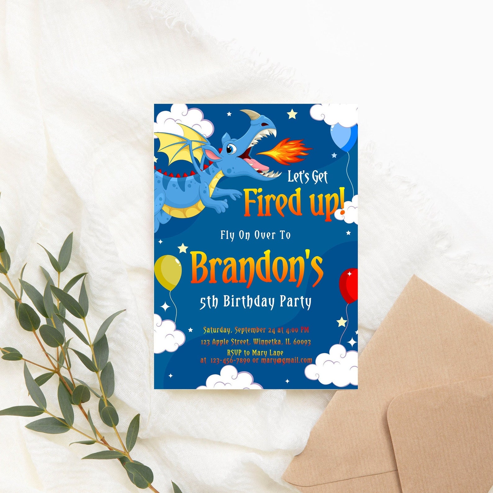 Editable Blue Dragon Birthday Invitation Boy Dragon Birthday Party ...