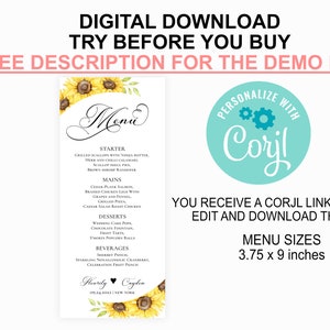 Editable Sunflower Menu Card Label Yellow Floral Garden Theme DIY Food ...