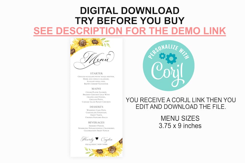 Editable Sunflower Menu Card Label Wedding Flat Baby Shower - Etsy