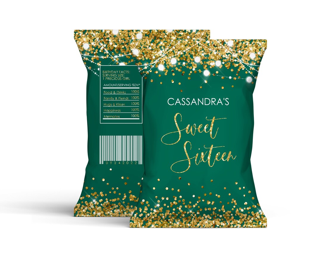Editable Green Gold Chip Bag Label PRINTABLE Gold Glitter Green White ...