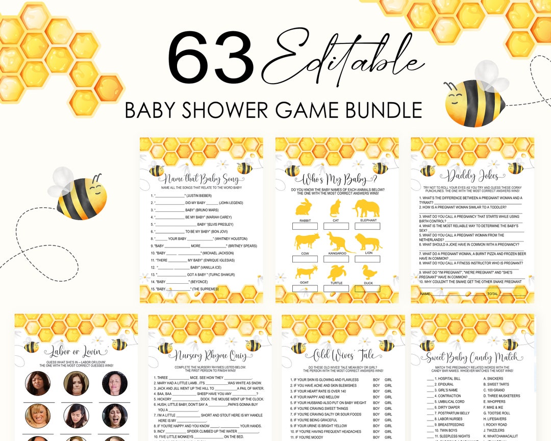 Editable Bee Baby Shower Games Bundle, Yellow Honey Bee Baby Sprinkle ...