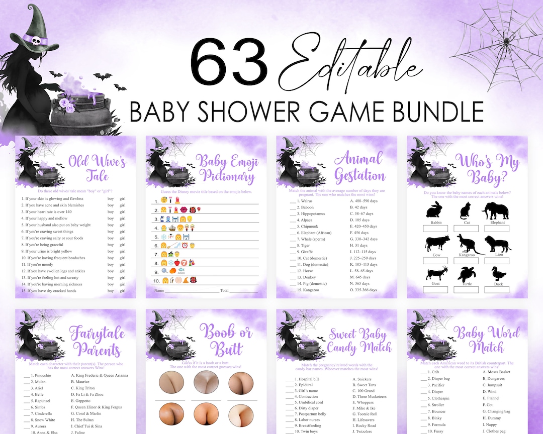 Editable Halloween Baby Shower Game Bundle Purple Witch Baby Shower ...