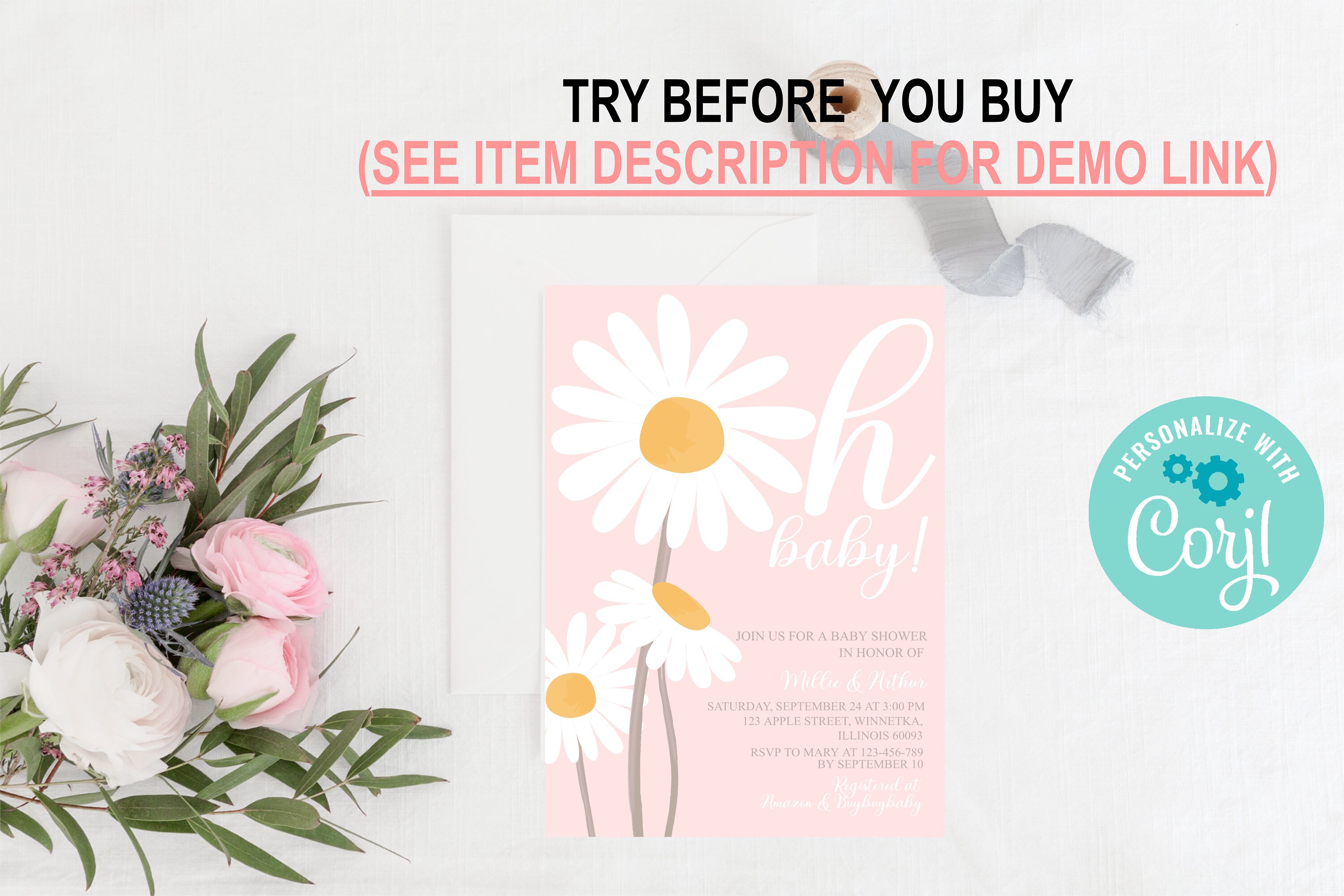 Editable Daisy Baby Shower Invitation, Floral Boho Invite, Daisy Baby ...