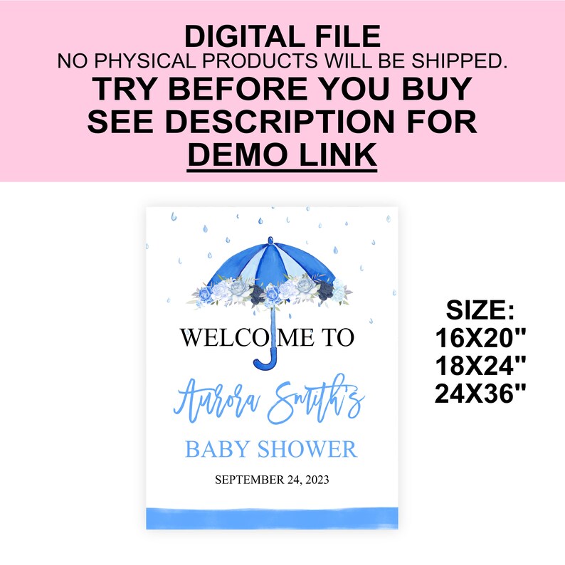 Editable Umbrella Welcome Sign Rain Blue Umbrella Baby Shower - Etsy