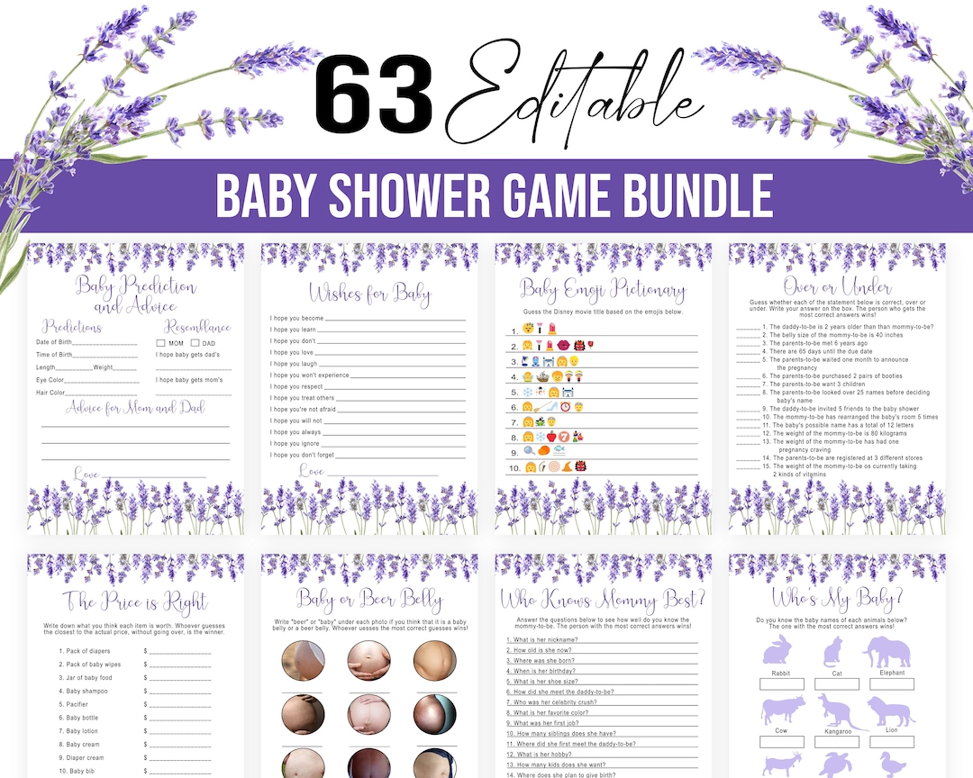 Editable Lavender Baby Shower Games Bundle Violet Purple Flower Baby ...