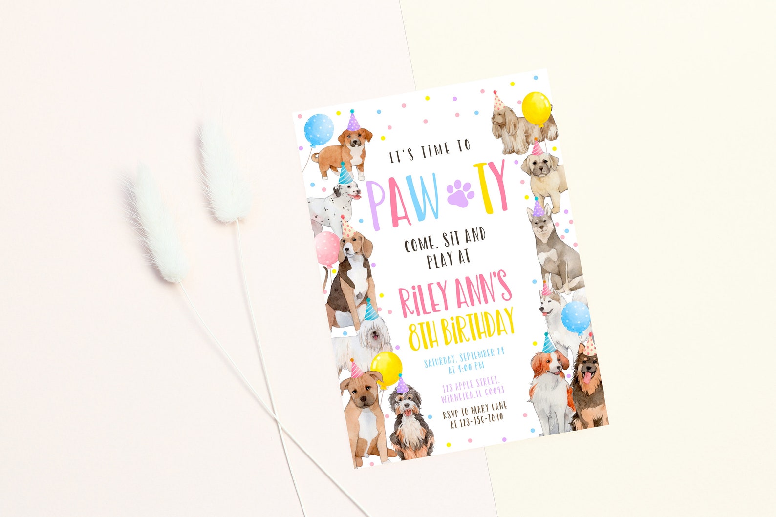 Editable Dogs Birthday Party Invitation Puppy Pawty Invite Dog Shelter ...
