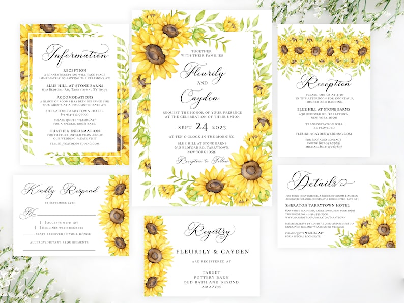 Editable Sunflower Wedding Invitation Template Set Printable - Etsy