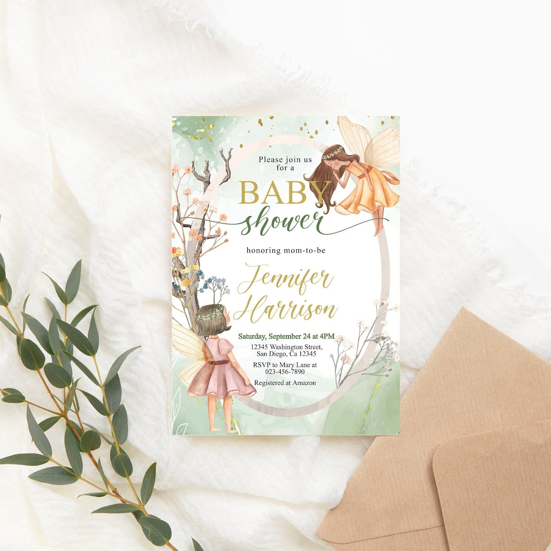 Editable Fairy Baby Shower Invitation Green Garden Fairy Baby Shower ...