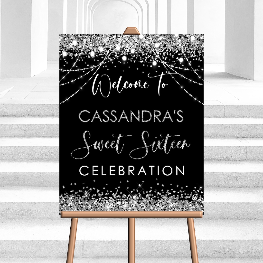 Editable Black Silver Welcome Sign Birthday Party Silver Glitter ...