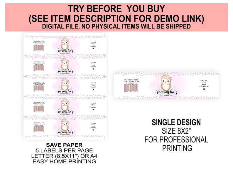 Editable Pink Owl Water Bottle Label Pink Owl Girl Water Bottle Label ...