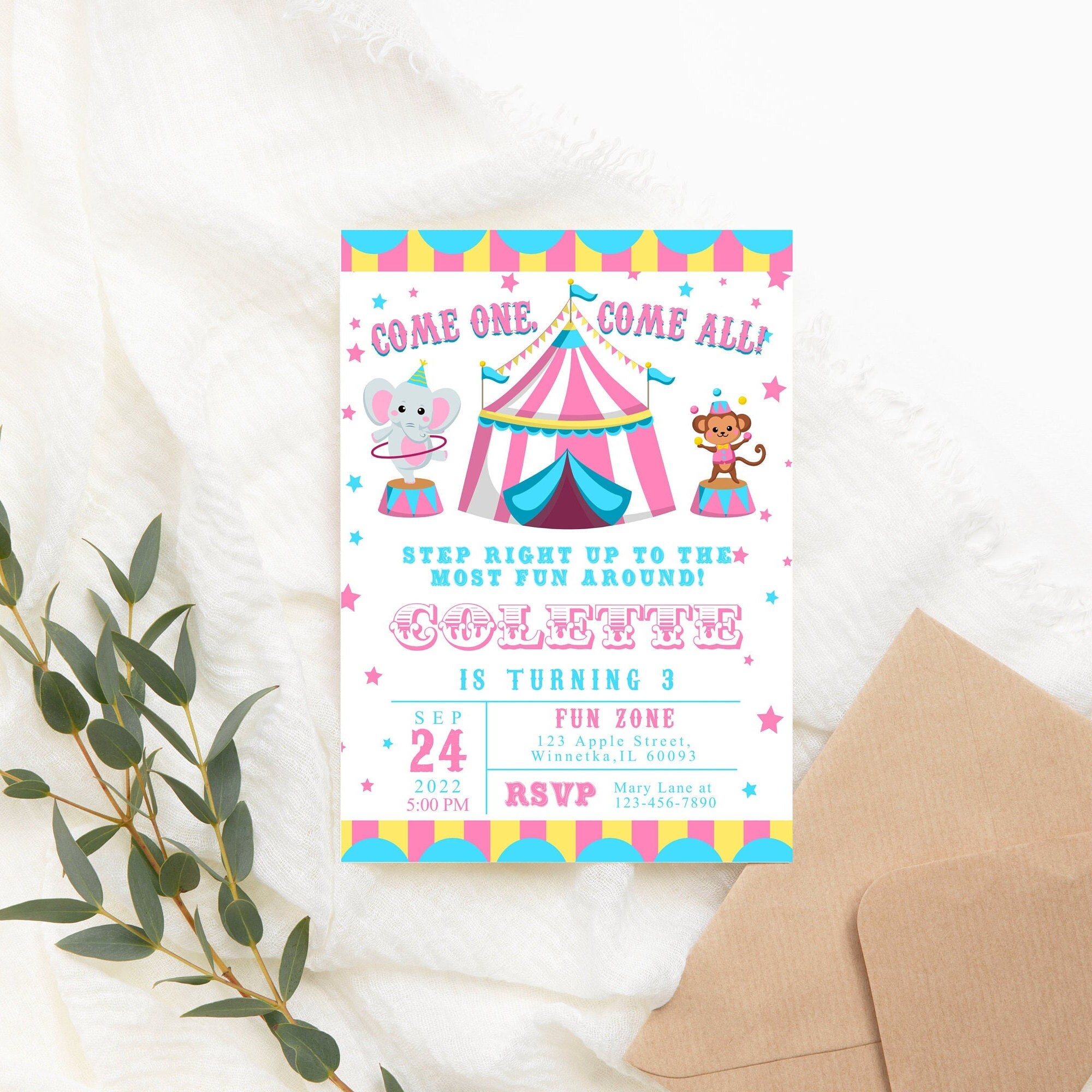 Editable Pink Carnival Birthday Invitation: Circus Party (printable ...