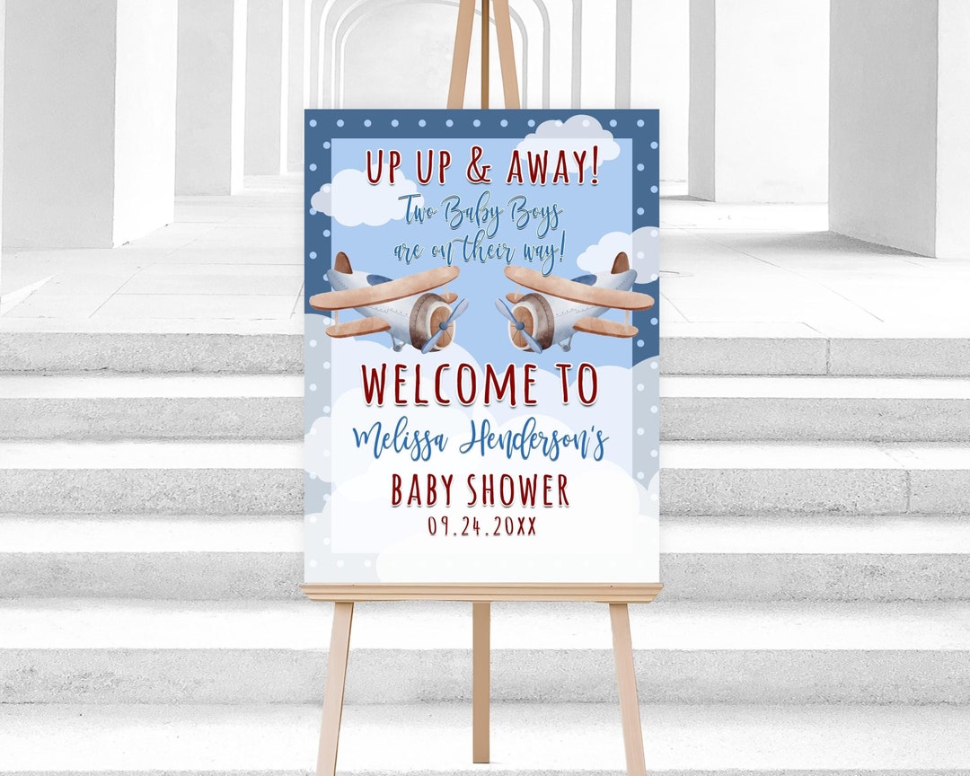 Editable Twin Airplane Welcome Sign Decor Boy Blue Airplane Welcome ...