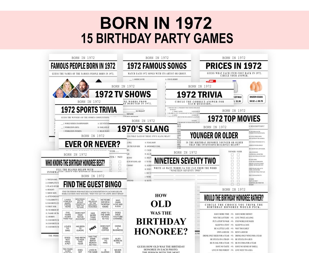 53rd Birthday Games Born in 1972 Birthday Games Bundle 1972 Trivia 53rd ...