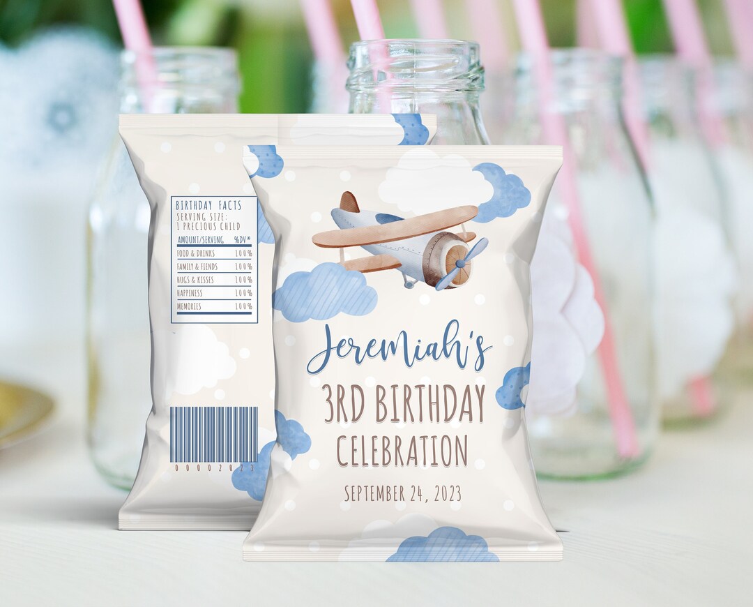 Editable Airplane Boy Chip Bag Label Blue Clouds Travel Adventure ...