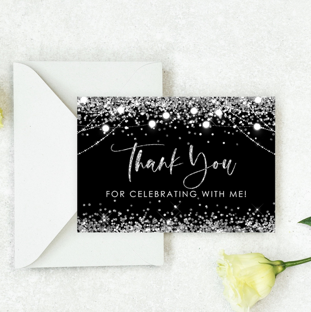 Editable Black Silver Thank You Card PRINTABLE Silver Glitter Birthday ...