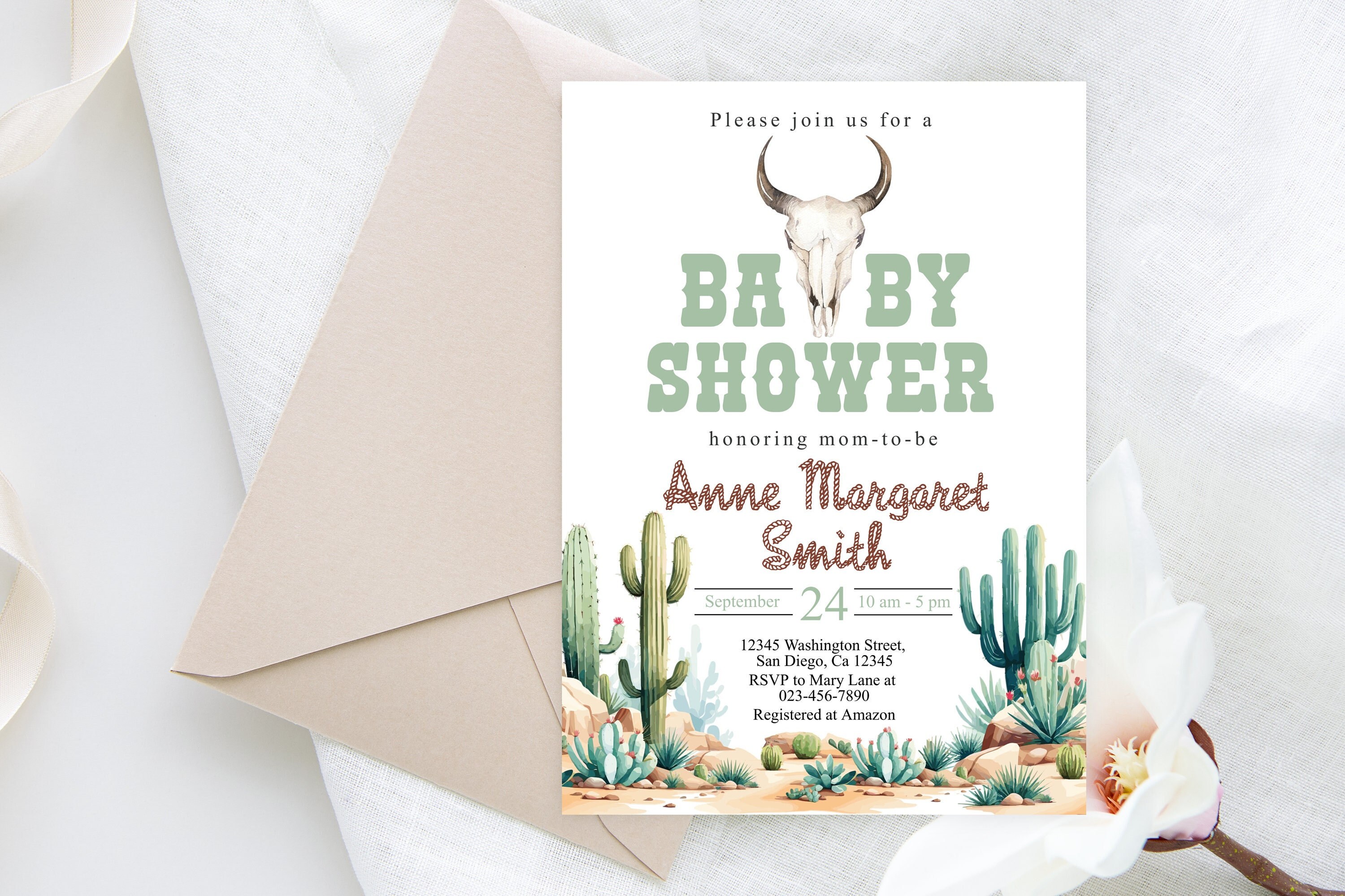 Editable Southwestern Baby Shower Invitation: Bull Skull & Cactus ...