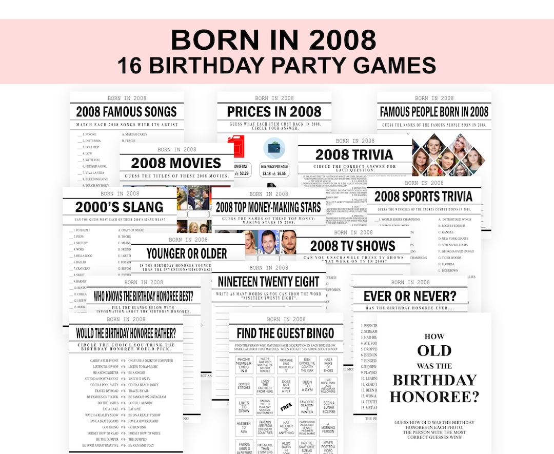 18th Birthday Party Games, Born in 2008 Printable Birthday Activity ...