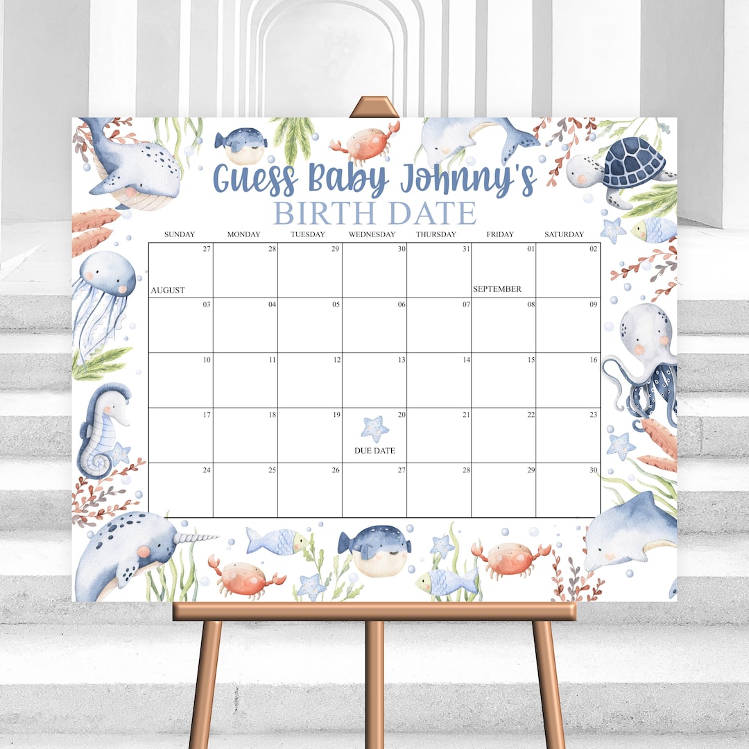 Editable Baby Due Date Calendar Game Blue Boy Under the Sea Baby Shower ...