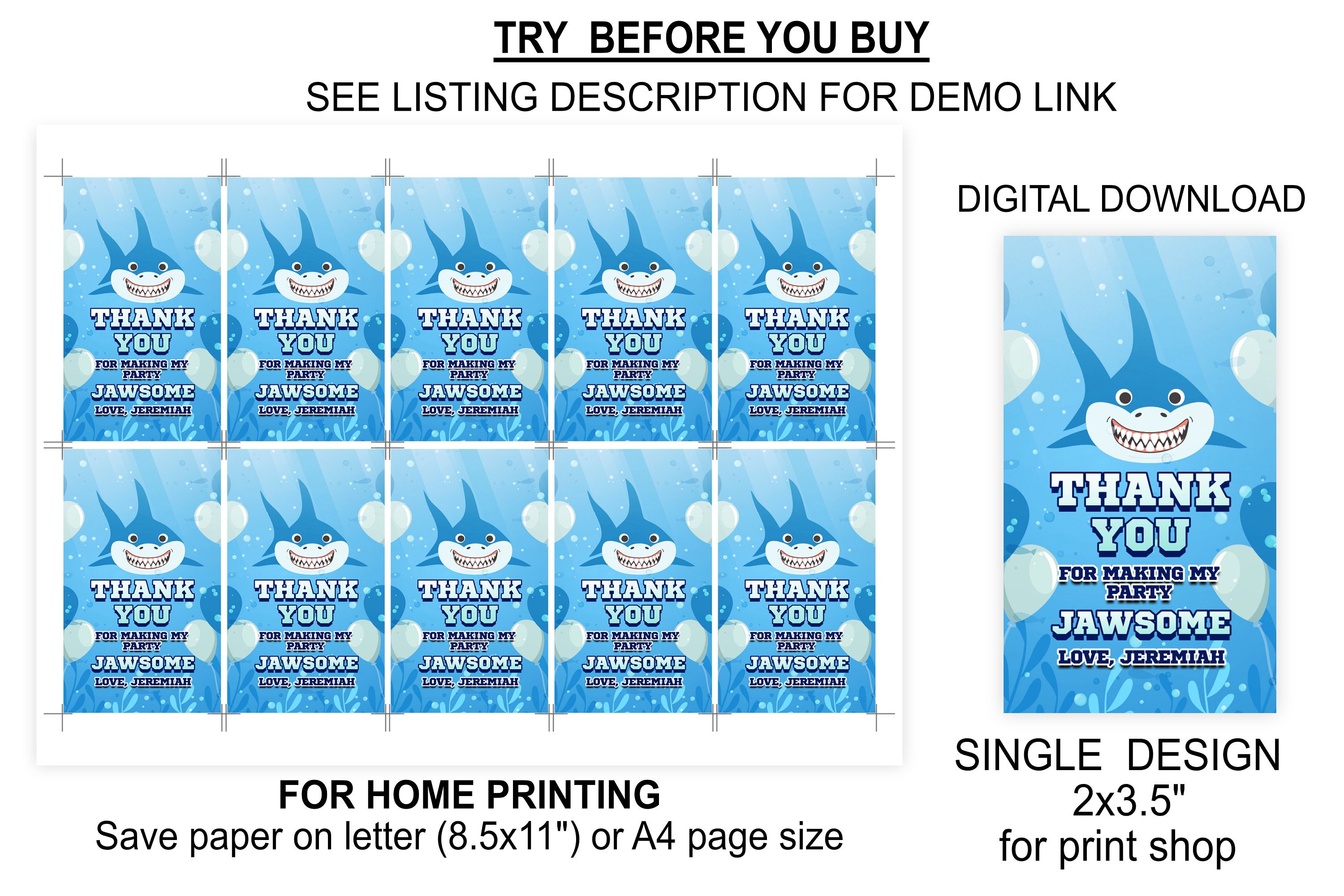 Editable Shark Birthday Thank You Favor Tags Treat Thank You - Etsy