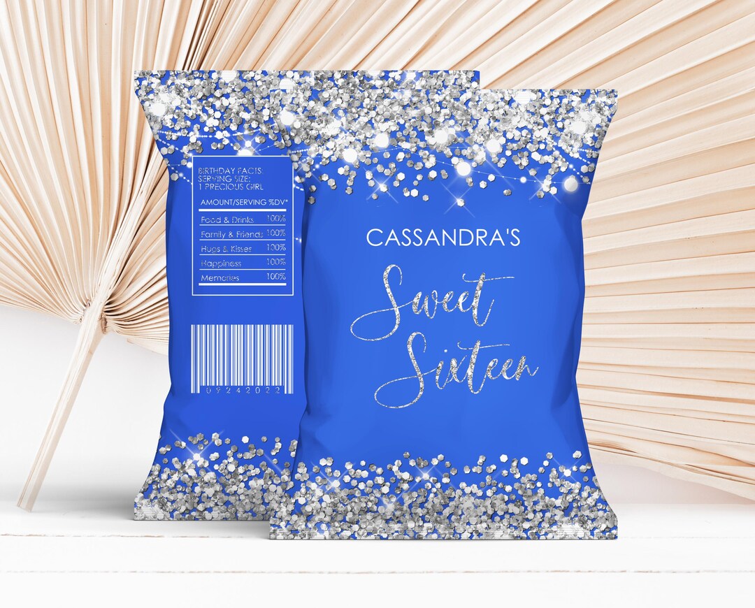 Editable Royal Blue Silver Chip Bag Label, Silver Glitter Chip Bag ...