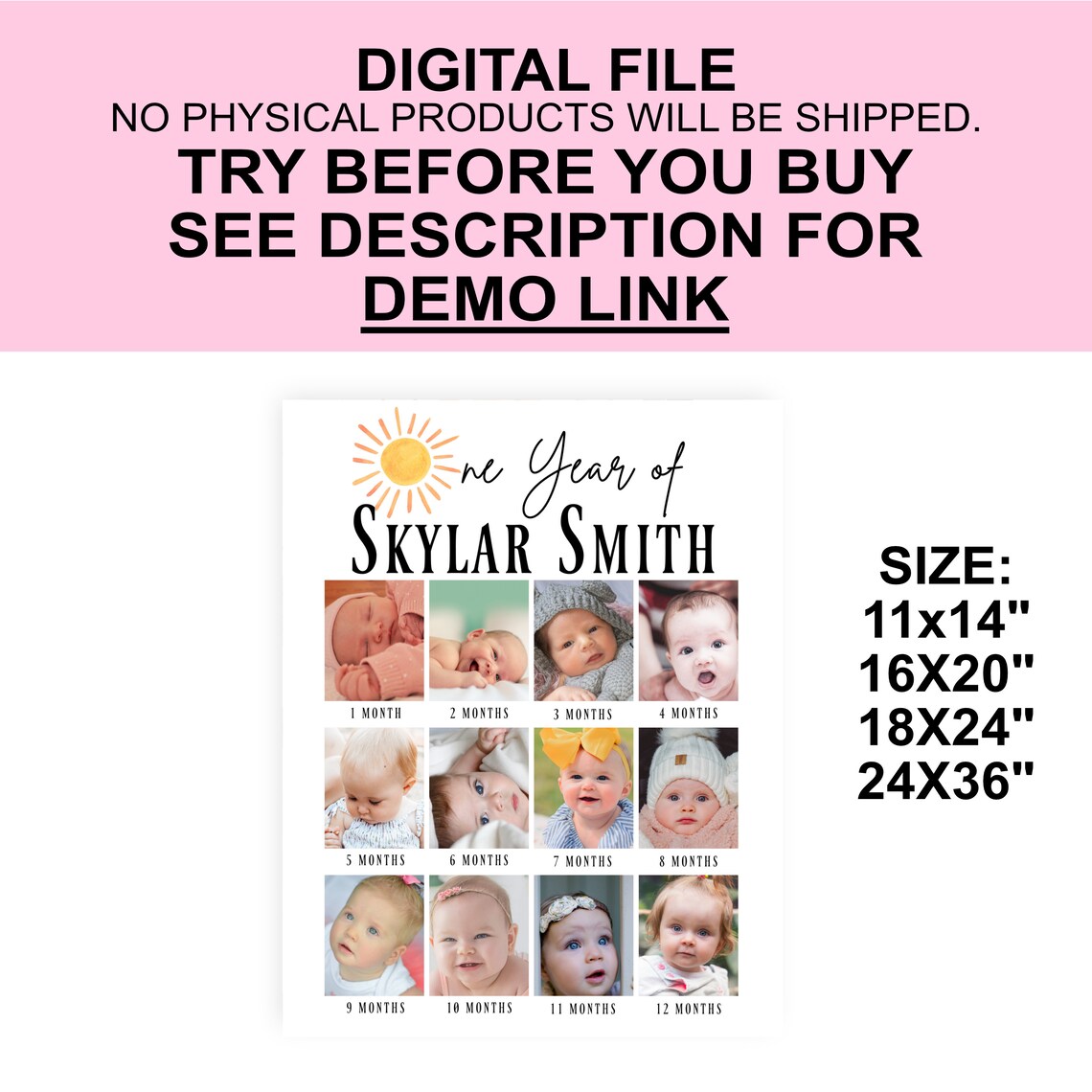 Editable Sun Baby's First Year Photo Poster Milestone Sunshine Boho ...