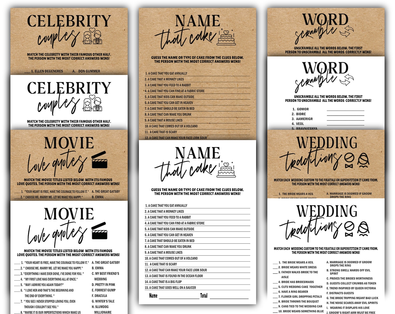 Kraft Wedding Game Bundle Pack printable Digital Download - Etsy