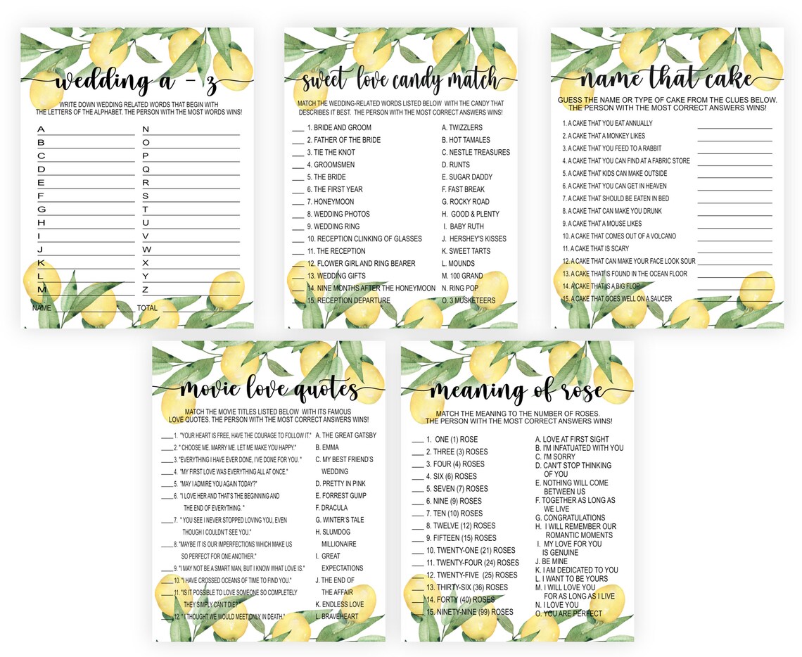 Lemon Bridal Shower Game Lemon Theme Bridal Shower Game Set - Etsy