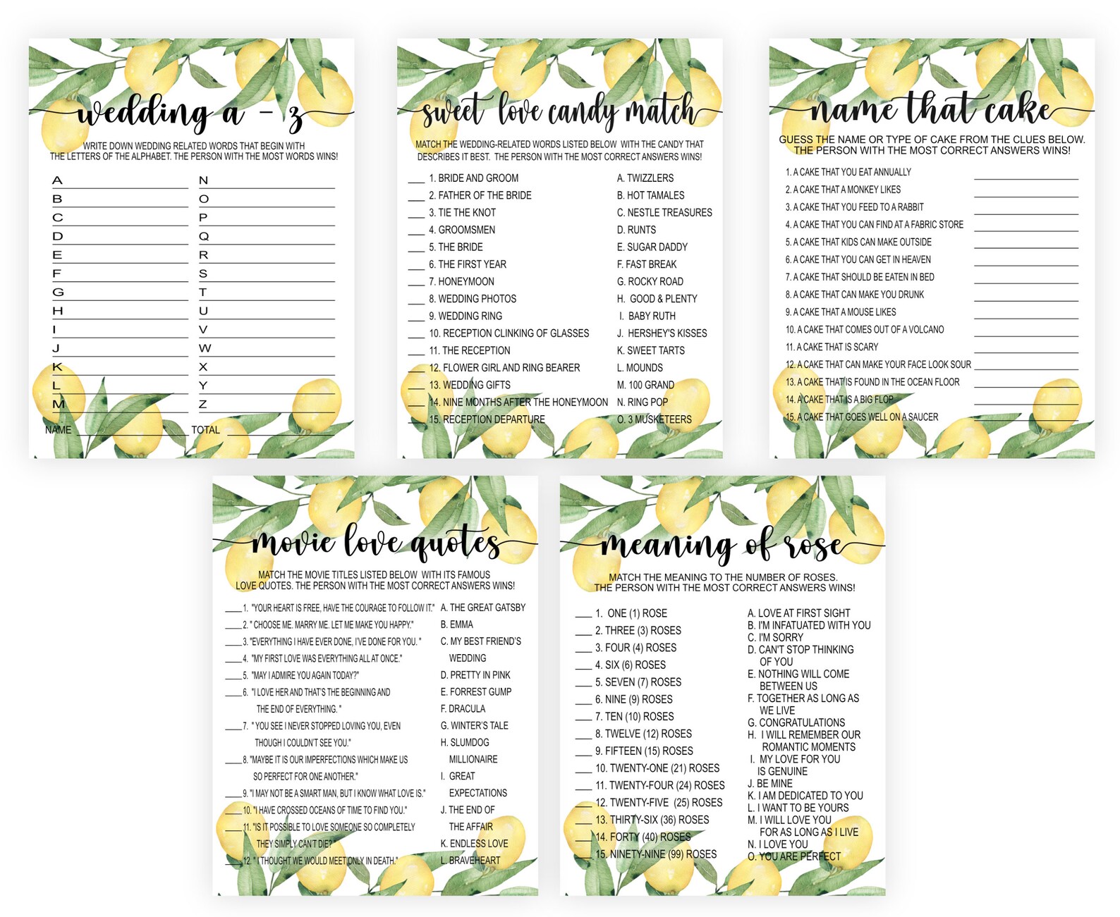 Lemon Bridal Shower Game Lemon Theme Bridal Shower Game Set - Etsy