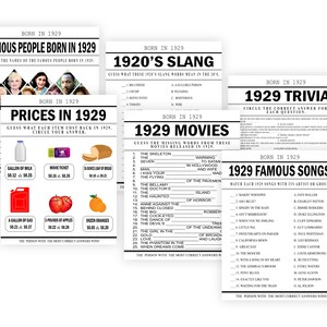 96th Birthday Party Games Born in 1929 Birthday Games Bundle 1929 ...