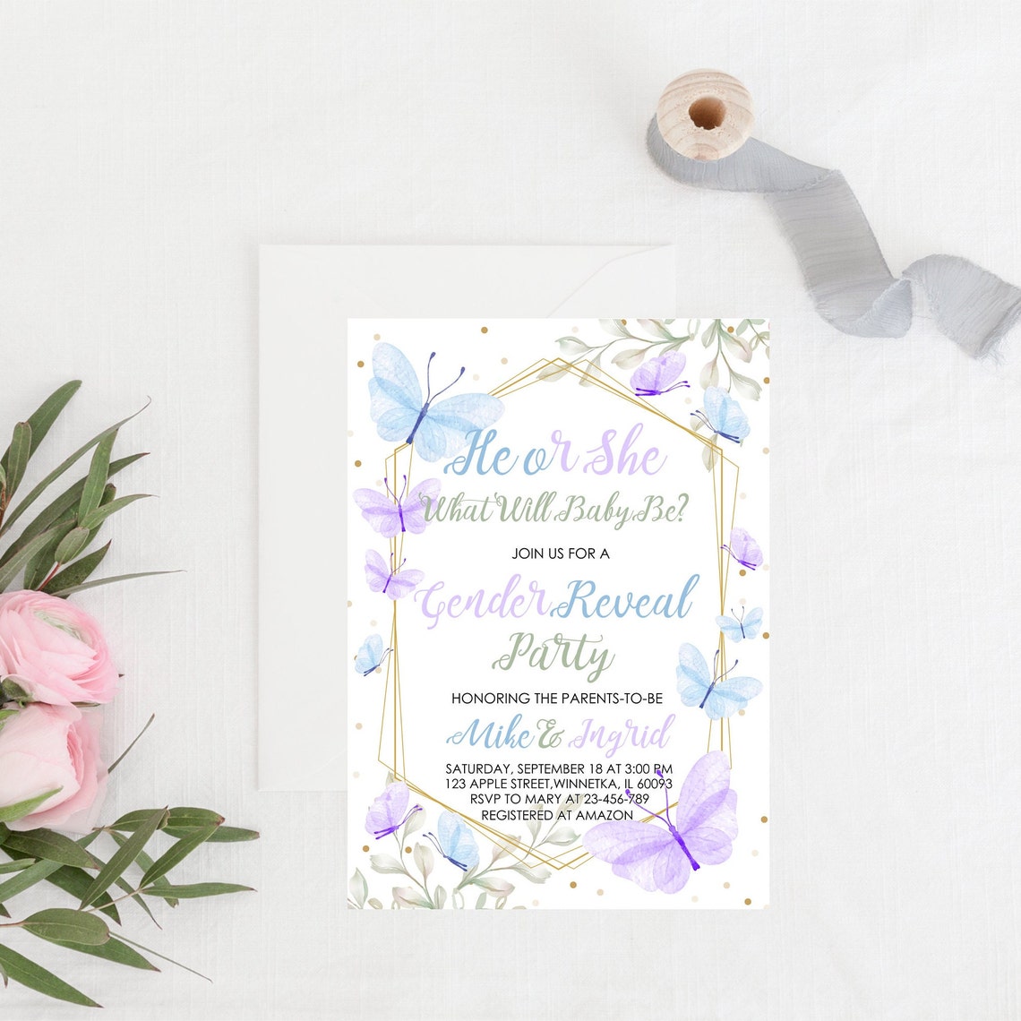 Editable Butterfly Gender Reveal Party Invitation Violet Gender Reveal ...