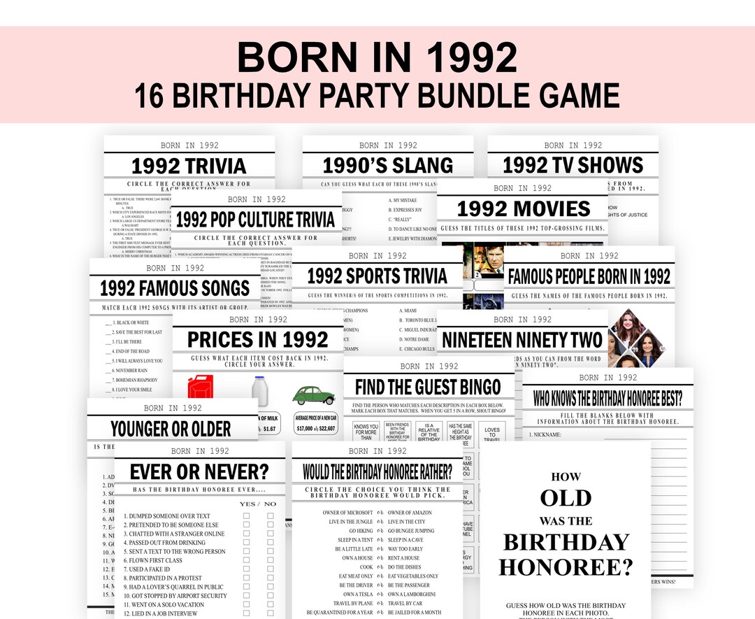 34th Birthday Party Games, Born in 1992 Birthday Games Bundle, 1992 ...