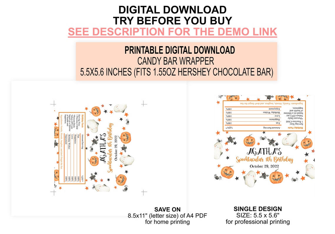 Editable Halloween Candy Bar Wrapper Label Favors Spooktacular - Etsy