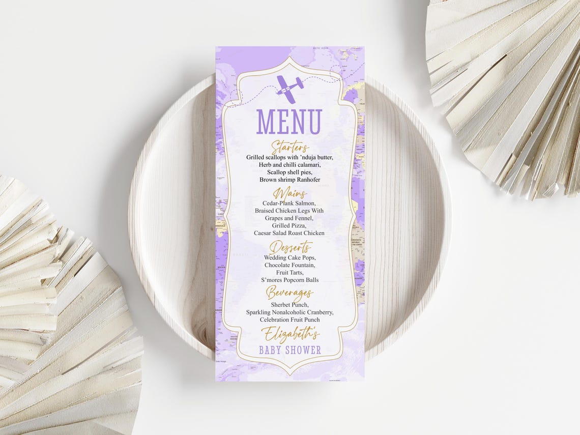 Editable Travel Menu Card Purple Map Adventure Awaits Menu Baby Shower ...