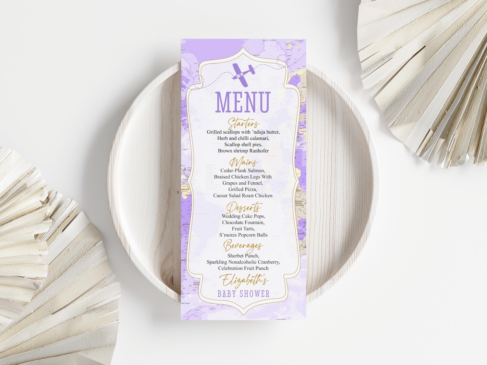 Editable Travel Menu Card Purple Map Adventure Awaits Menu Baby Shower ...