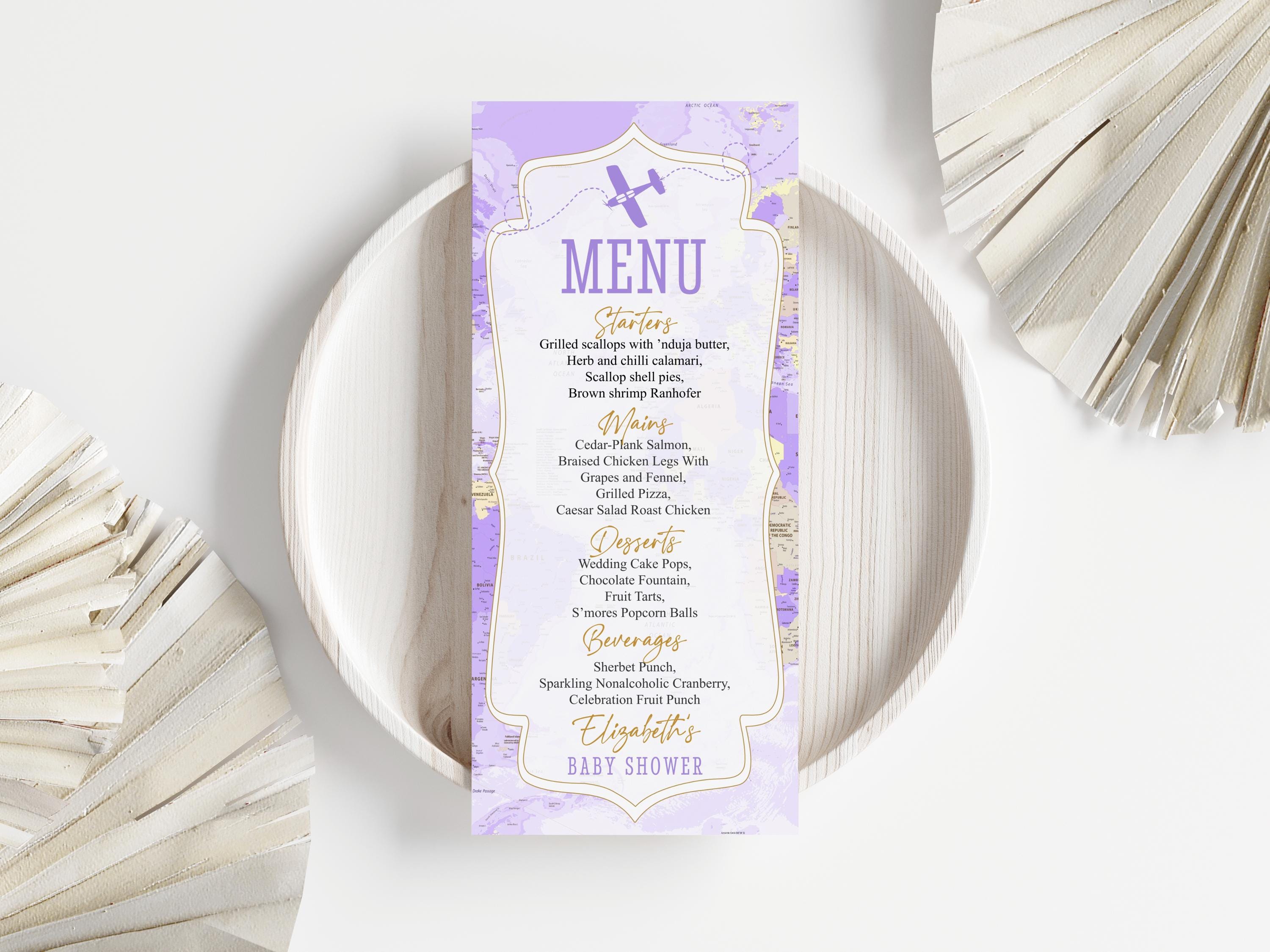 Editable Travel Menu Card Purple Map Adventure Awaits Menu Baby Shower ...