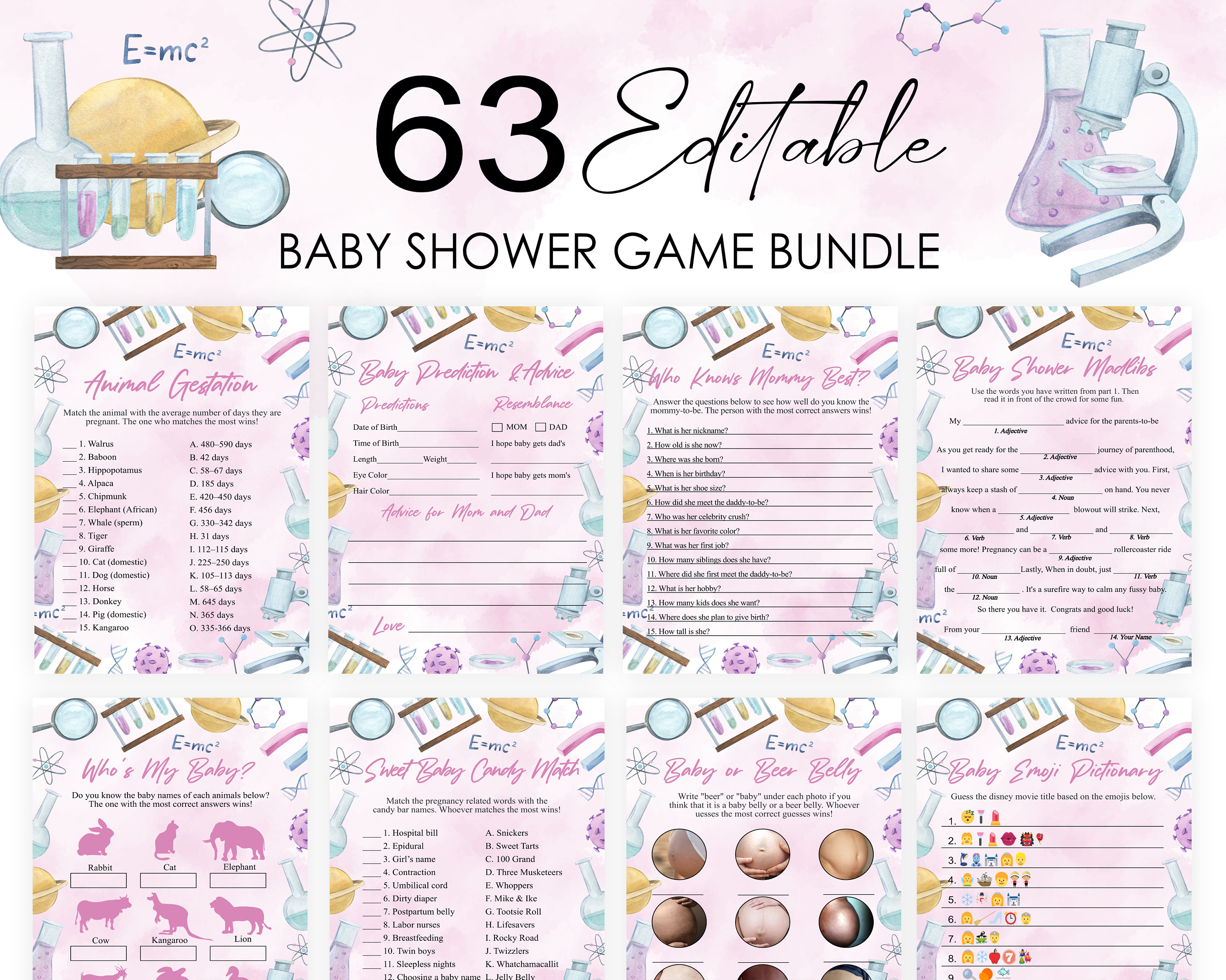 Pink Science Baby Shower Games Bundle (editable Digital Corjl Template ...