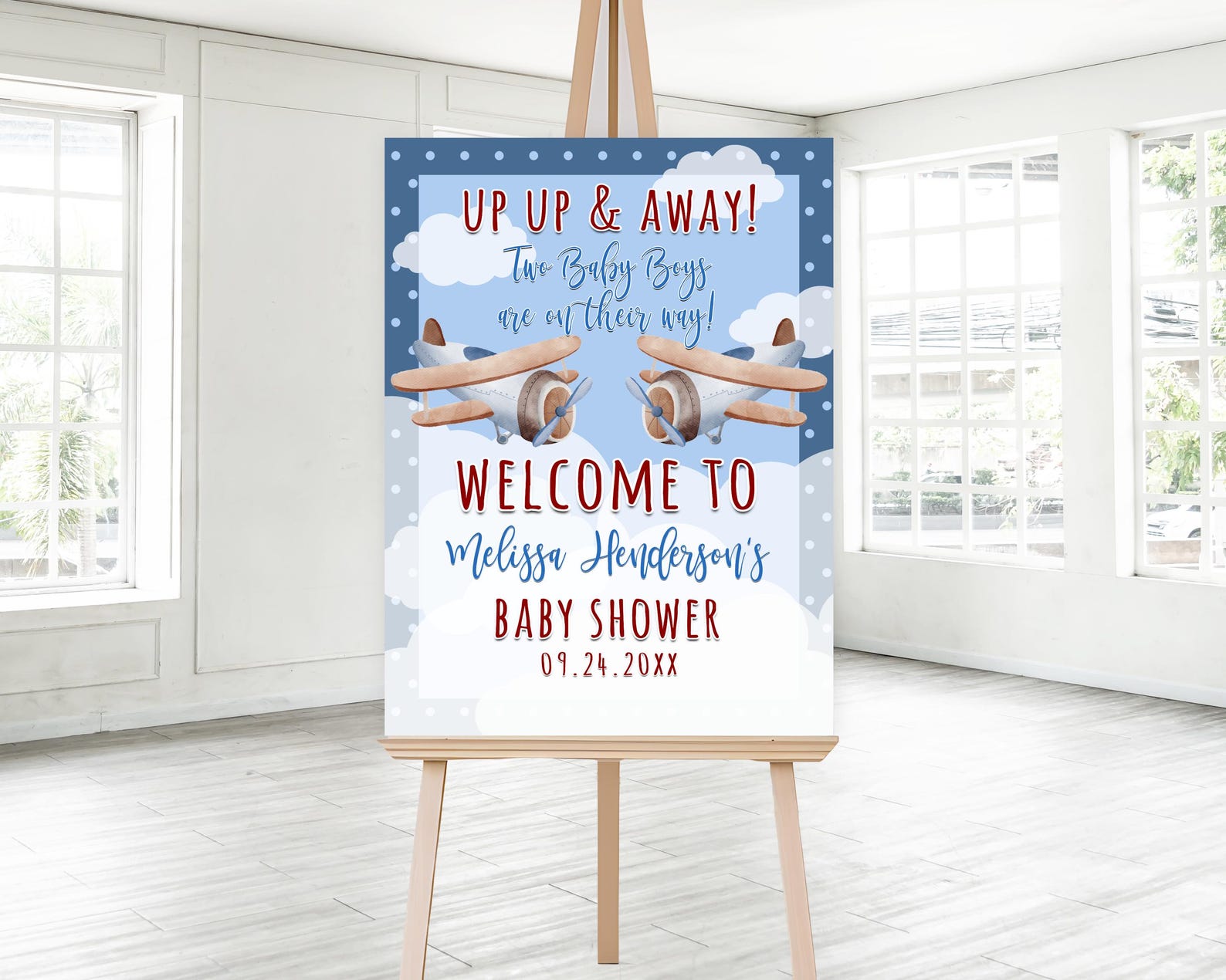 Editable Twin Airplane Welcome Sign Decor Boy Blue Airplane Welcome ...