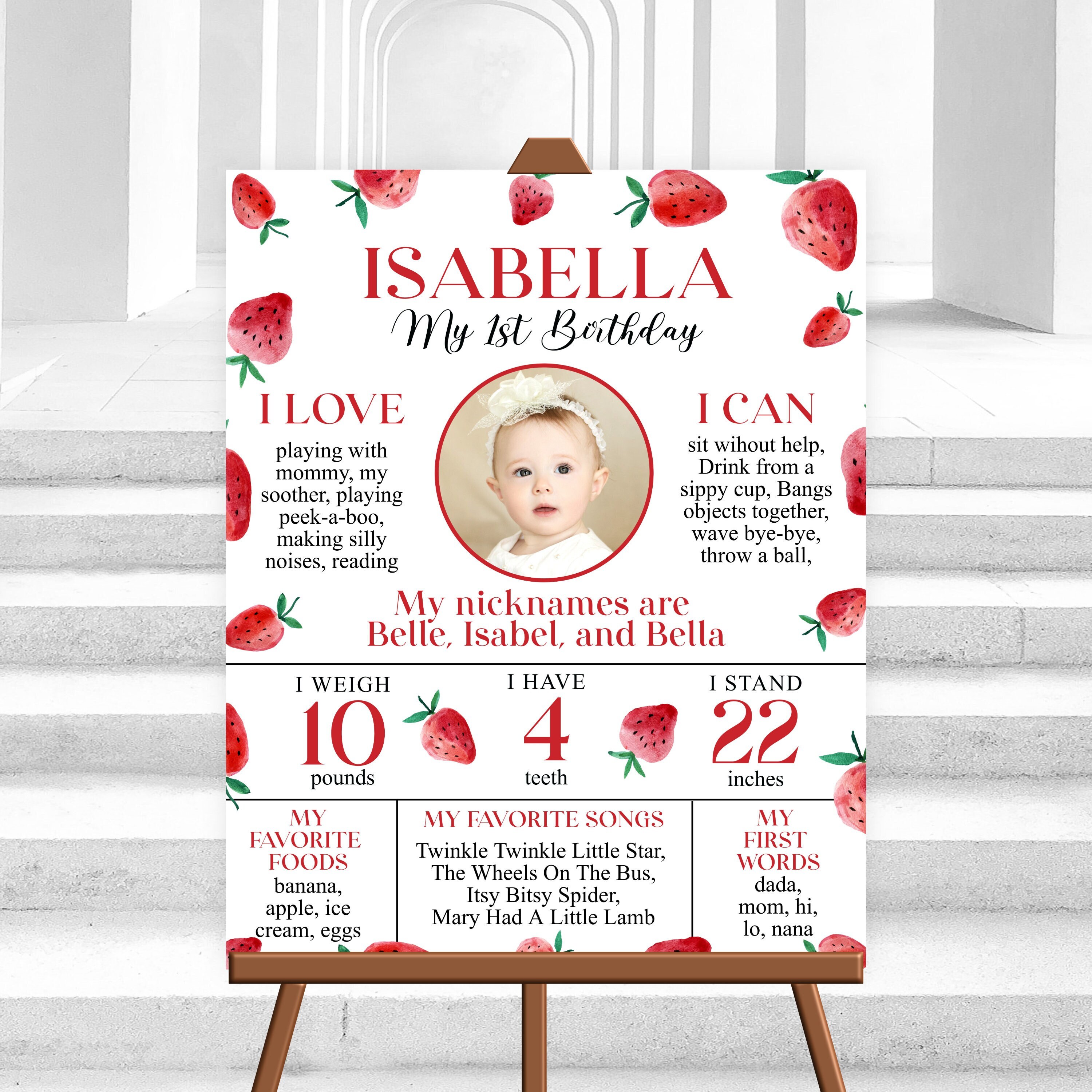 Editable Strawberry Birthday Milestones Sign Berry Sweet First Birthday ...