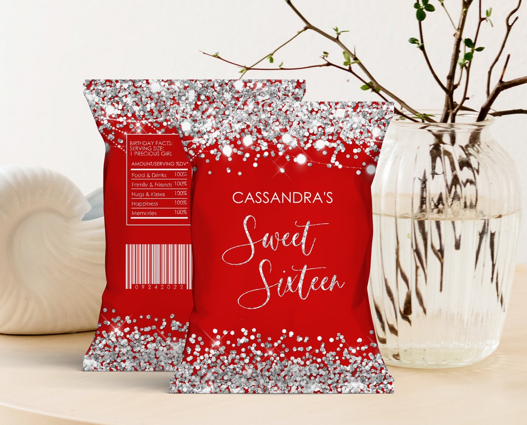 Editable Silver Red Chip Bag Label PRINTABLE Red Silver Glitter Chip ...