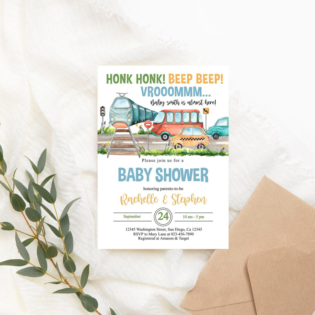 Transportation Baby Shower Invitation: Train, Car, Bus (printable ...