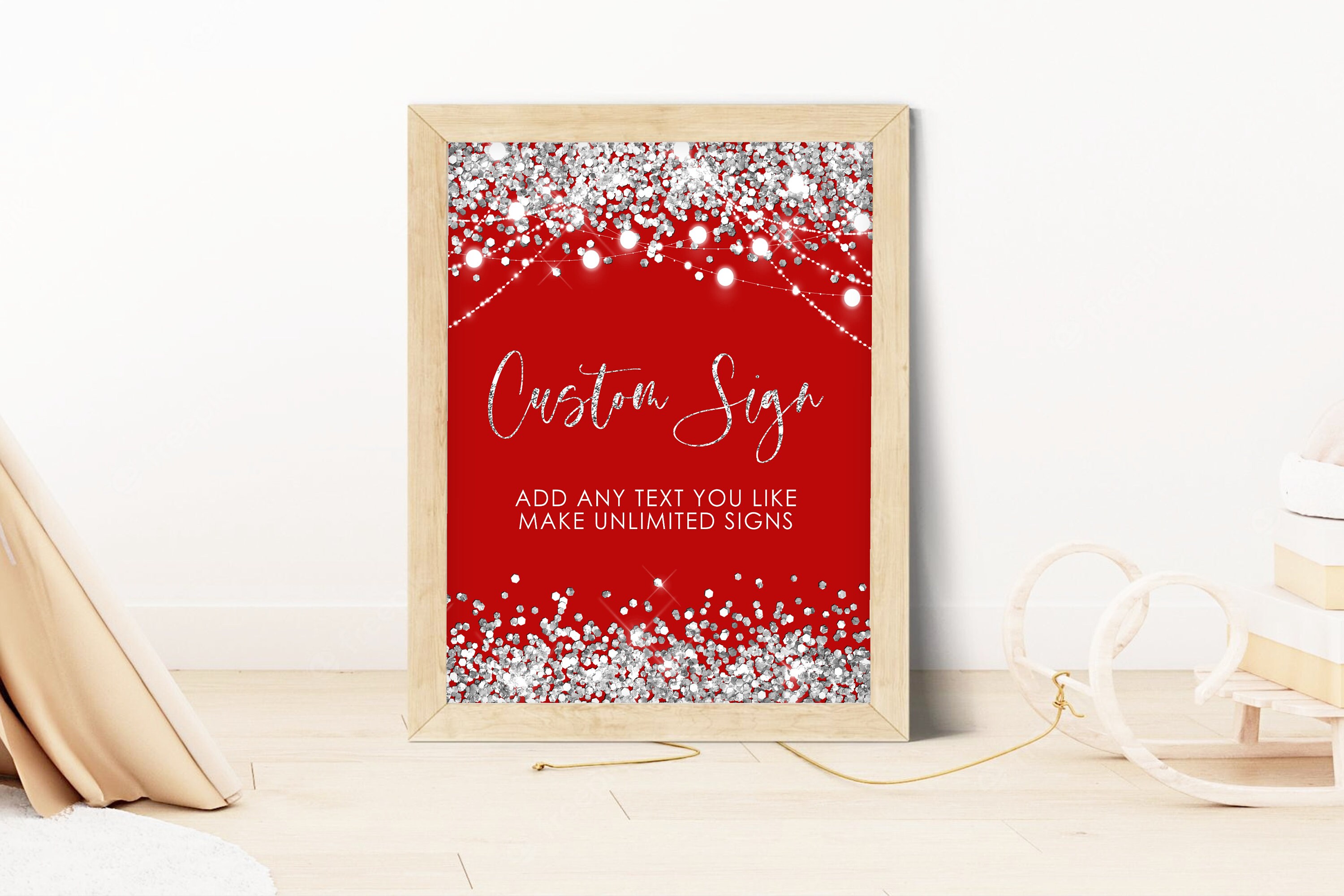 Editable Red Silver Glitter Custom Sign PRINTABLE Red and Silver ...