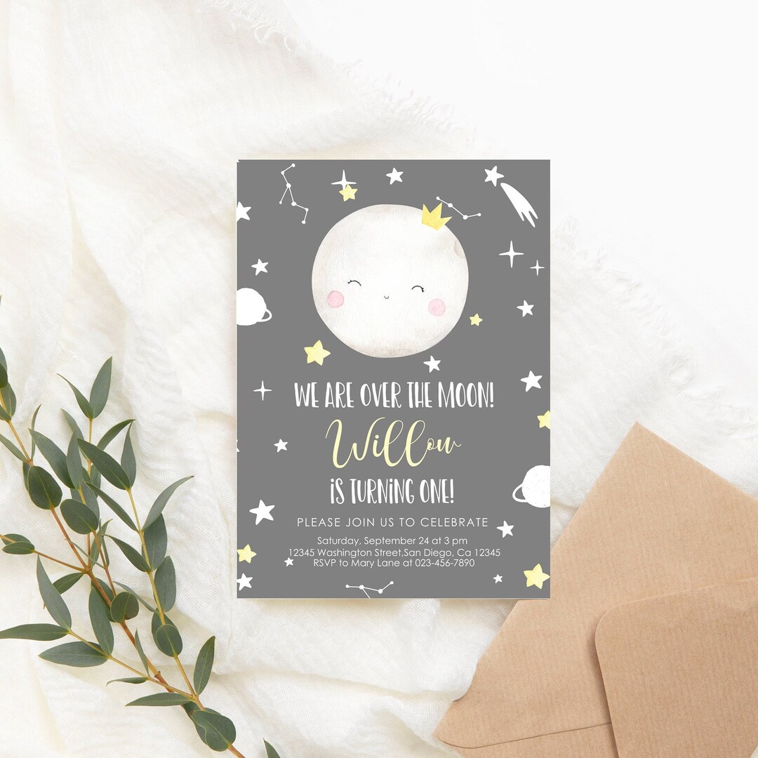 Invitación de cumpleaños de luna editable estrellas lindas galaxia luna ...
