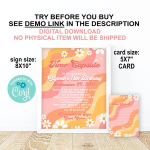 Editable Time Capsule Sign Note Card Groovy Daisy Retro Time Capsule ...