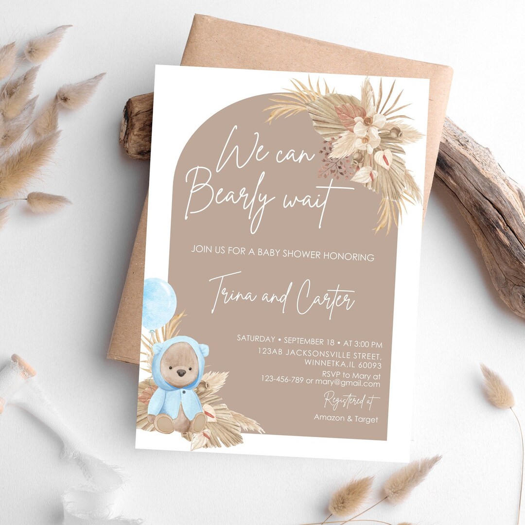 Editable Boho Bear Invitation Baby Shower Blue Bear We Can Bearly Wait ...