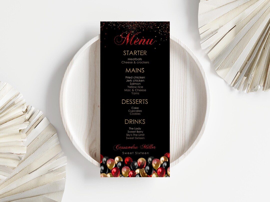 Menu Card Red Gold Black Balloon, Editable Birthday Menu Buffet Card ...
