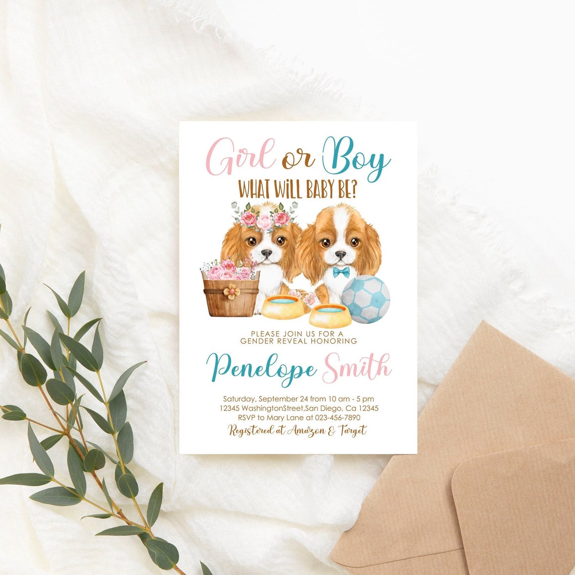 Editable Puppy Gender Reveal Invitation Dog Pink Blue Gender - Etsy