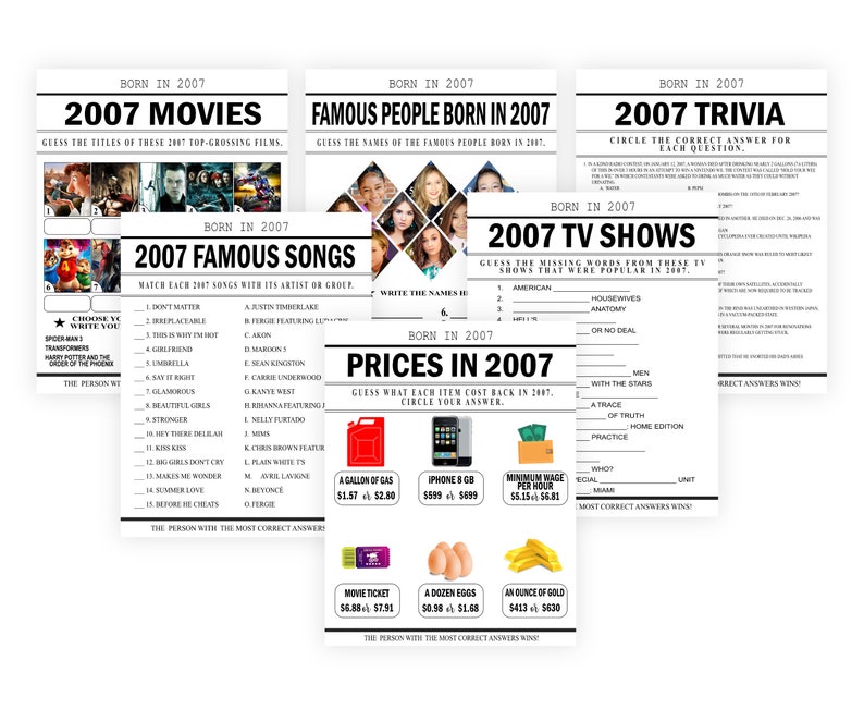 19th Birthday Party Games, Born in 2007 Birthday Games Bundle, 2007 ...