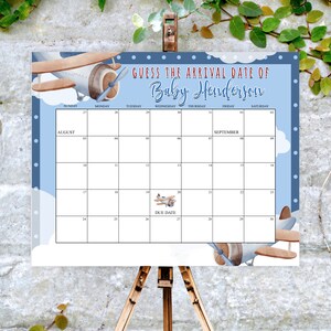 Editable Airplane Due Date Calendar Game Blue Clouds Baby Shower Guess ...